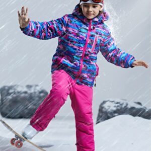 WOWULOVELY Girls Thicken Warm Snowsuit Hooded Ski Jacket Pants 2 Pcs Set Skiing Jacket with Pants(23 Rose1,Size 8)