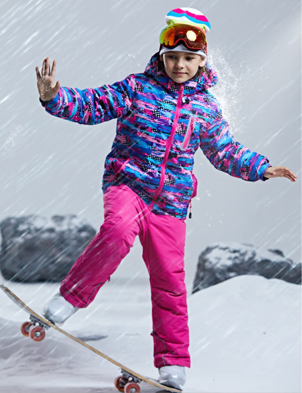 WOWULOVELY Girls Thicken Warm Snowsuit Hooded Ski Jacket Pants 2 Pcs Set Skiing Jacket with Pants(23 Rose1,Size 8)