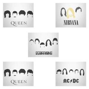 rock bands- silhouette music wall decor prints, ac dc-beatles-queen-nirvana-scorpions. ideal for home decor, studio decor, bar or man cave decor. perfect gift for music fan! unframed-10x8"(5-pk)