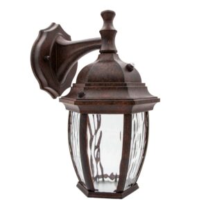 maxxima led outdoor wall light - features clear water glass, 3000k warm white, 580 lumens, dusk to dawn photocell light sensor, patio or porch sconce fixture, ideal for exterior decor lighting - brown