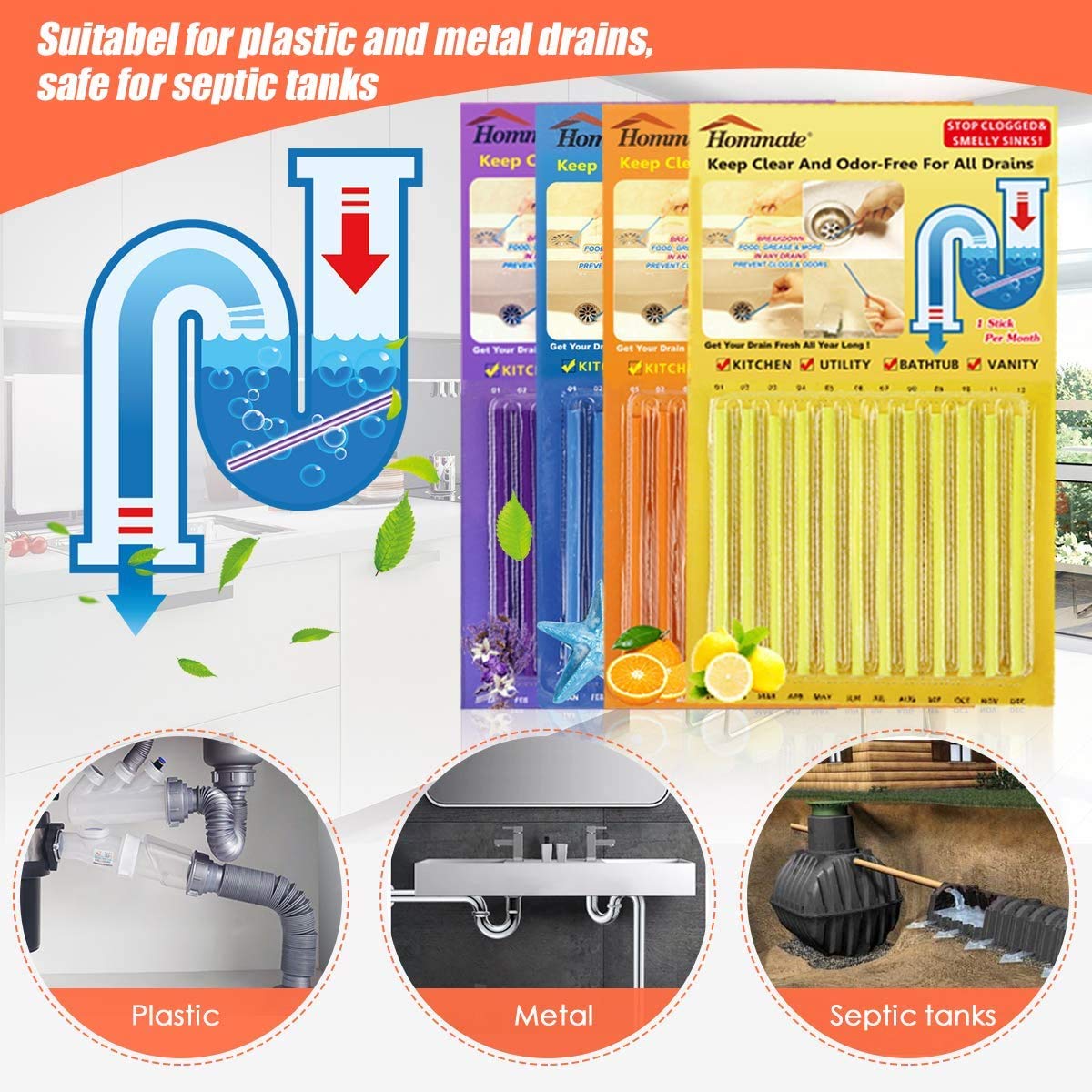 Drain Sticks Drain Stix Drainstix Drain Cleaner Sticks for Drains Drain Cleaner Sticks for Clogs Remover Eliminating Smelly Odor Sink Disposable Drain Stix As Seen On TV