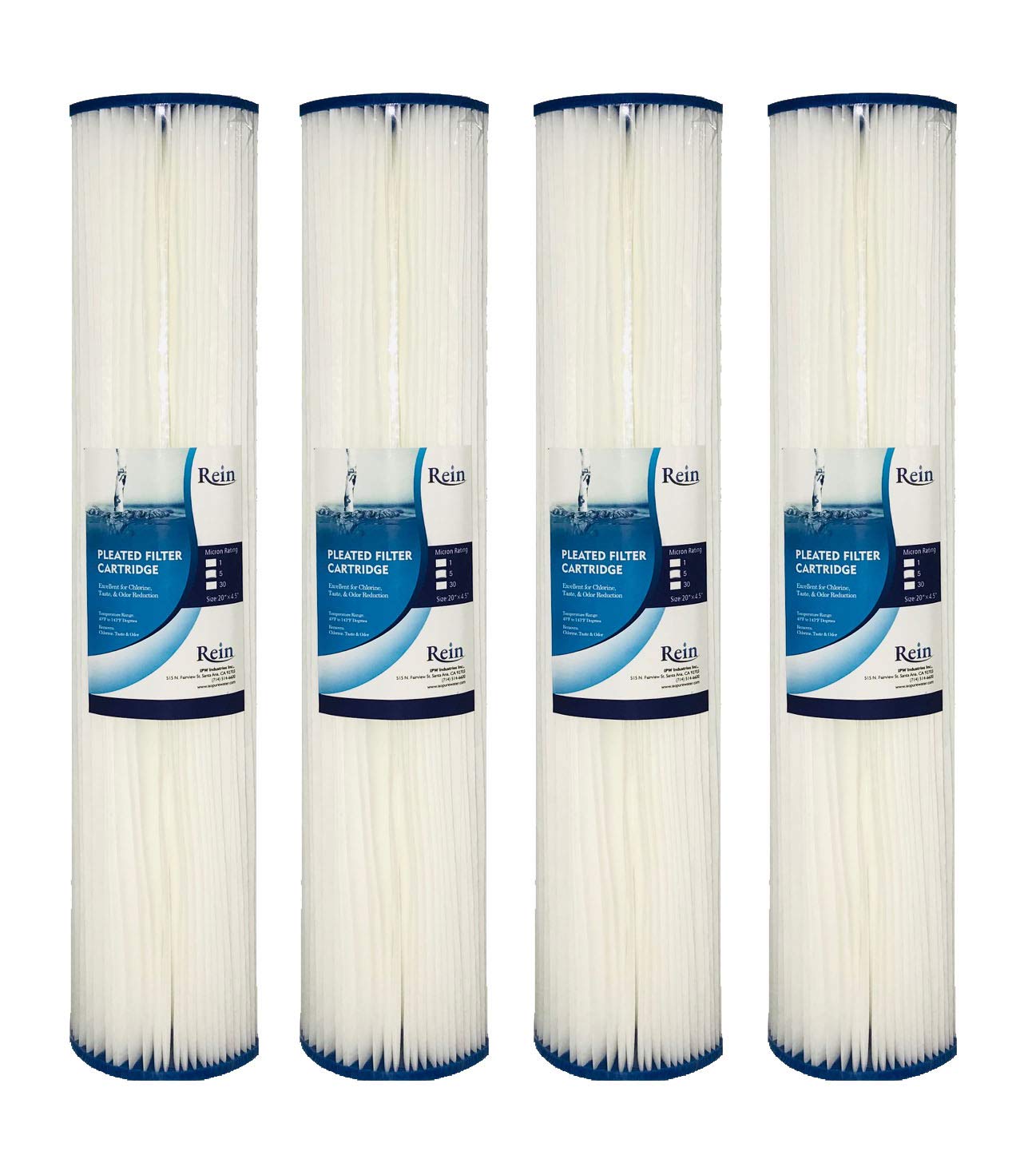 Pack of 4 - Whole House 20" x 4.5" Full Flow Pleated Sediment Filter Replacement Cartridge 1 Micron - Compatible with ECP5-BB, AP810-2, HDC3001, CP5-BB, SPC-45-1005, ECP1-20BB