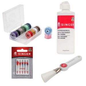 singer sewing machine accessories kit - all purpose machine oil, 12-pack class 15 threaded bobbins in assorted colors, 10 regular point needles, angled-edge lint brush with comfort grip