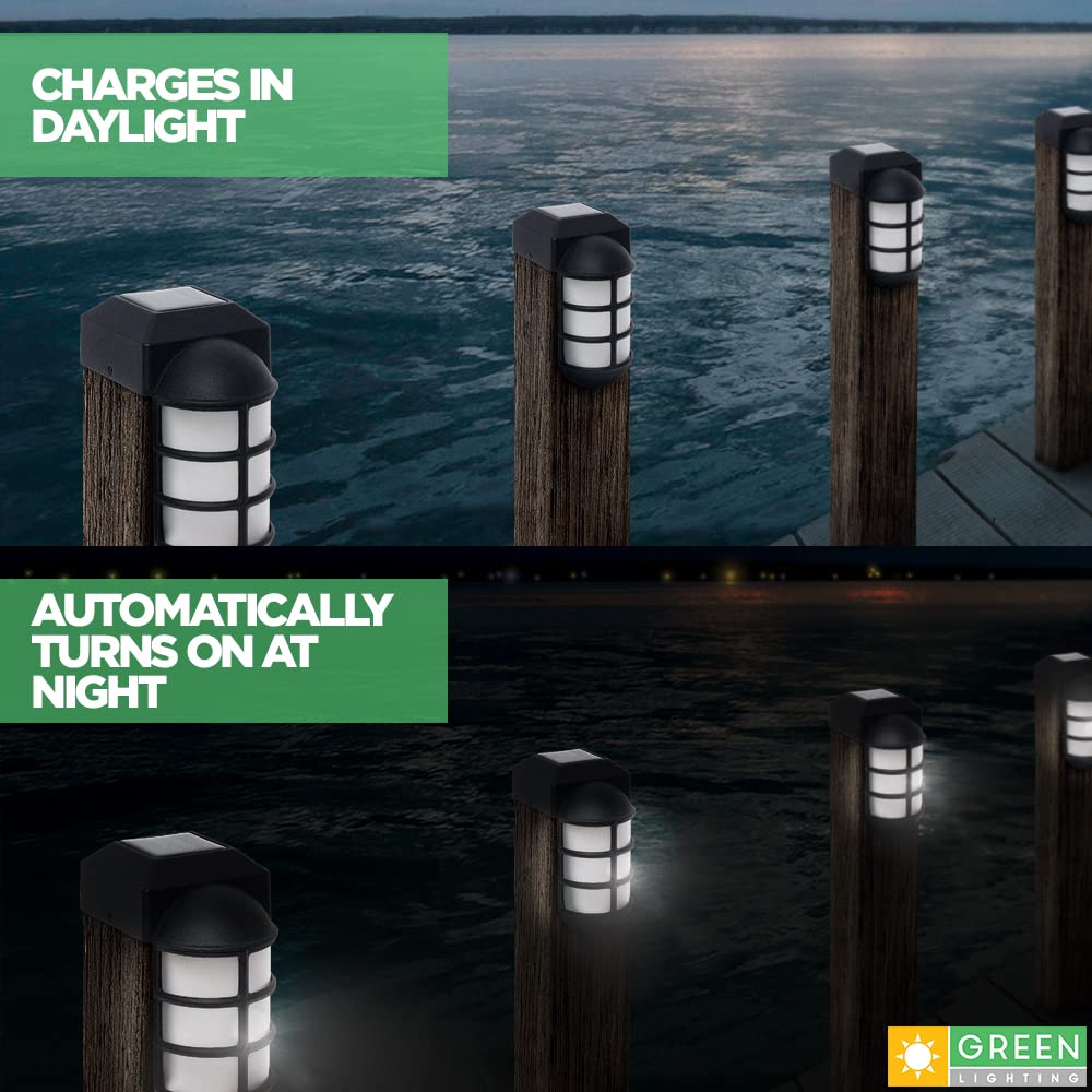 GreenLighting Marina Solar Post Cap Lights Fits 4x4 Nominal Wood Outdoor Solar Powered Post Cap Light, Fence Post, Landscaping, Deck, Garden- Bright LED, Waterproof Nautical Lighting Black 4 Pack