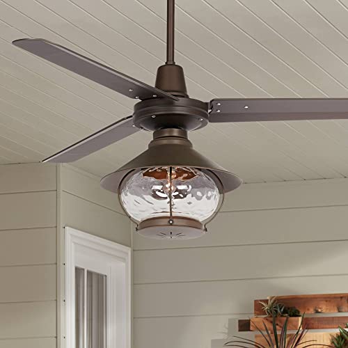 Casa Vieja 52" Plaza DC Modern Industrial 3 Blade Indoor Outdoor Ceiling Fan with LED Light Remote Control Oil Rubbed Bronze Clear Hammered Glass Lantern Damp Rated Patio Exterior House