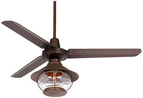 Casa Vieja 52" Plaza DC Modern Industrial 3 Blade Indoor Outdoor Ceiling Fan with LED Light Remote Control Oil Rubbed Bronze Clear Hammered Glass Lantern Damp Rated Patio Exterior House