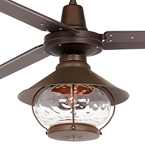 Casa Vieja 52" Plaza DC Modern Industrial 3 Blade Indoor Outdoor Ceiling Fan with LED Light Remote Control Oil Rubbed Bronze Clear Hammered Glass Lantern Damp Rated Patio Exterior House