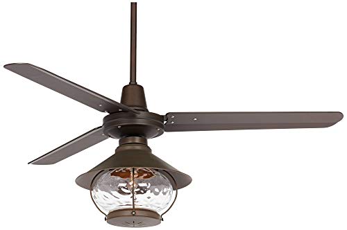 Casa Vieja 52" Plaza DC Modern Industrial 3 Blade Indoor Outdoor Ceiling Fan with LED Light Remote Control Oil Rubbed Bronze Clear Hammered Glass Lantern Damp Rated Patio Exterior House