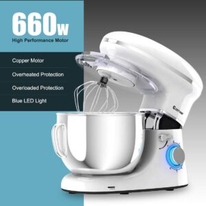 COSTWAY Stand Mixer, 660W Electric Kitchen Food Mixer with 6-Speed Control, 6.3-Quart Stainless Steel Bowl, Dough Hook, Beater, Whisk (White-update)