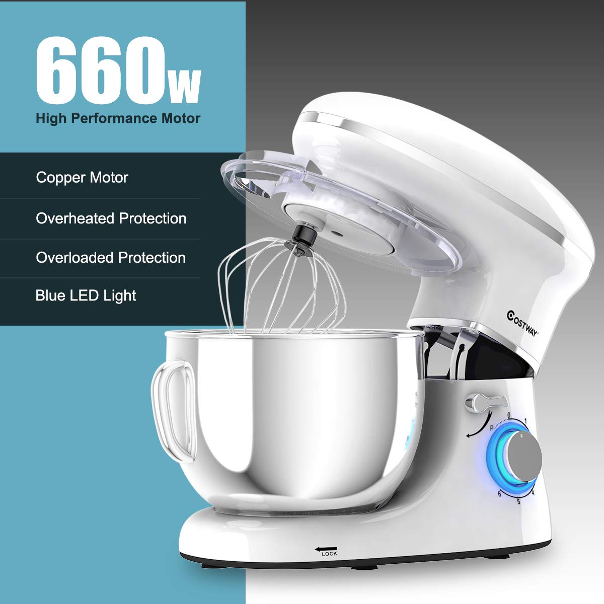 COSTWAY Stand Mixer, 660W Electric Kitchen Food Mixer with 6-Speed Control, 6.3-Quart Stainless Steel Bowl, Dough Hook, Beater, Whisk (White-update)