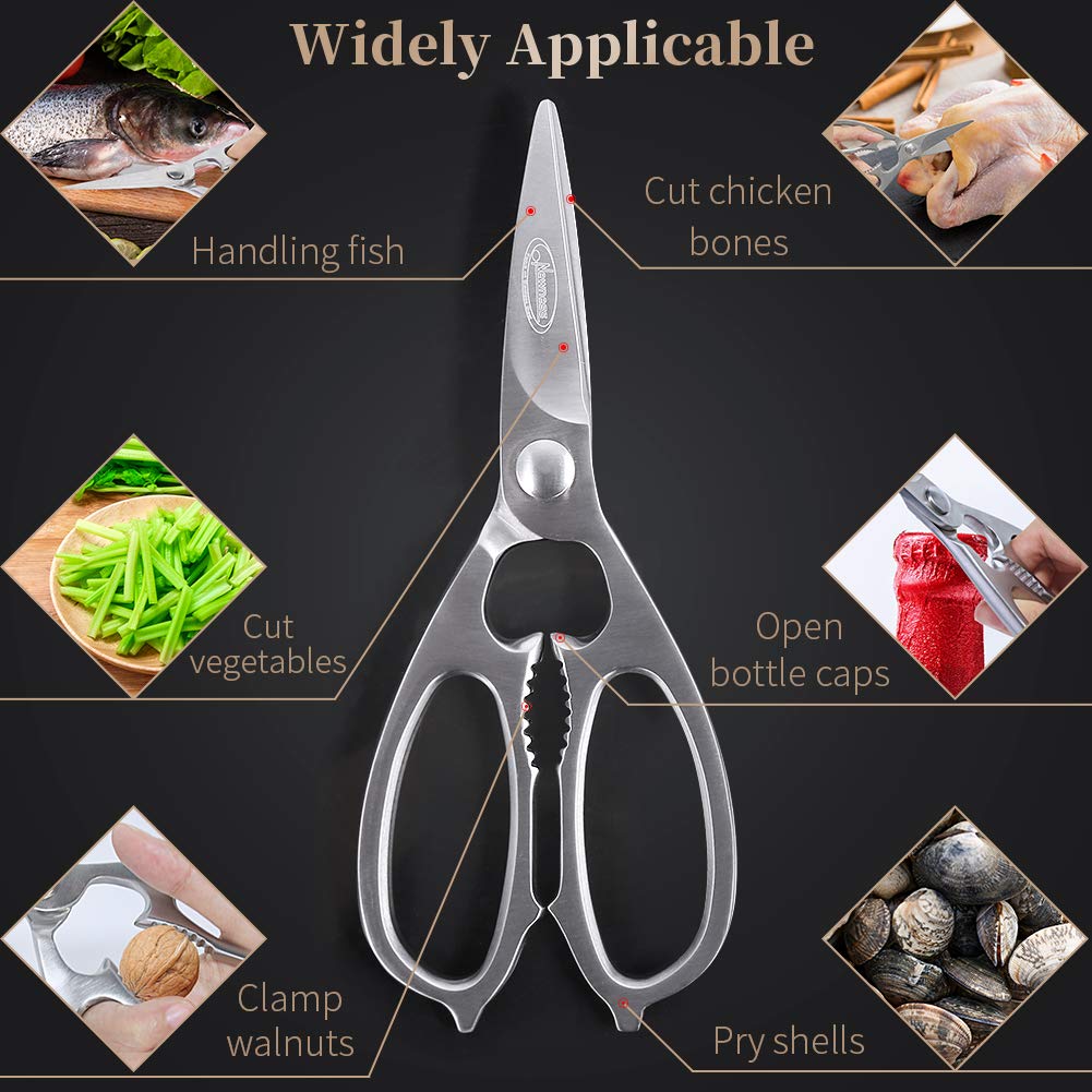 Newness Multi-Purpose Kitchen Scissors, Premium Stainless Steel Solid Kitchen Shears for Can Opener, Walnut Cracker, Heavy Duty Poultry Scissors with Sharp Blade for Cutting Turkey, Chicken, Bones