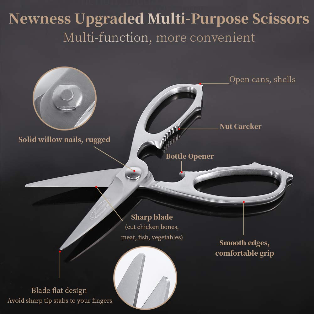 Newness Multi-Purpose Kitchen Scissors, Premium Stainless Steel Solid Kitchen Shears for Can Opener, Walnut Cracker, Heavy Duty Poultry Scissors with Sharp Blade for Cutting Turkey, Chicken, Bones