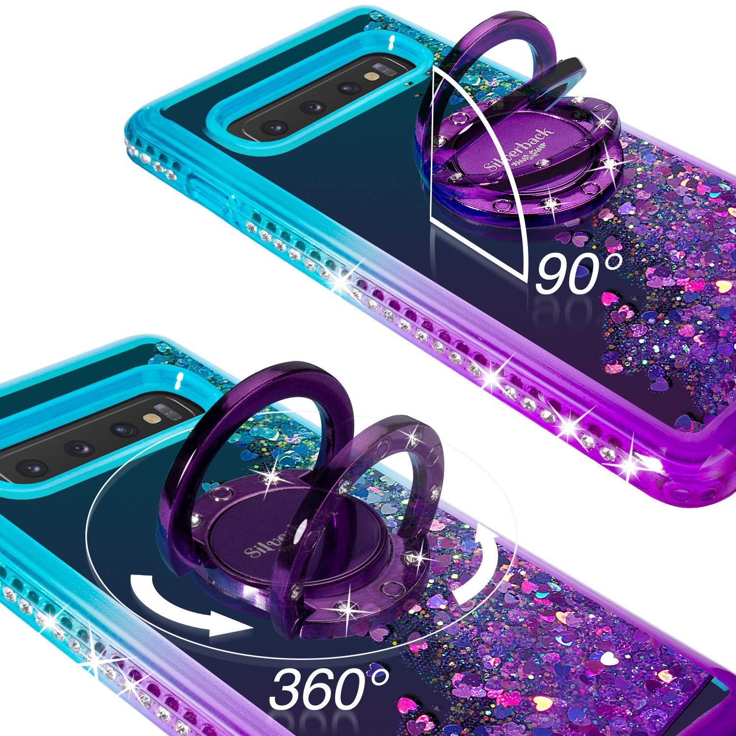 Silverback for Samsung Galaxy S10 Plus Case, Moving Liquid Holographic Sparkle Glitter Case with Kickstand, Bling Diamond Rhinestone Stand Slim Galaxy S10 Plus Case for Girls Women - Purple