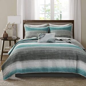 madison park essentials saben cozy bed in a bag reversible quilt with complete cotton sheet set-geometric design all season cover, decorative pillow, twin(68"x86"), stripes aqua 6 piece