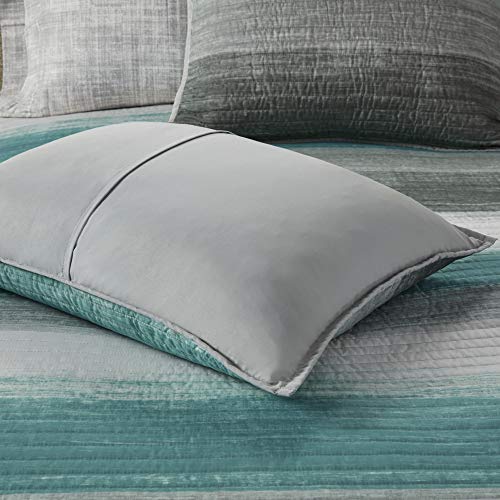 Madison Park Essentials Saben Cozy Bed in A Bag Reversible Quilt with Complete Cotton Sheet Set-Geometric Design All Season Cover, Decorative Pillow, King(104"x92"), Stripes Aqua 8 Piece