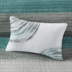 Madison Park Essentials Saben Cozy Bed in A Bag Reversible Quilt with Complete Cotton Sheet Set-Geometric Design All Season Cover, Decorative Pillow, King(104"x92"), Stripes Aqua 8 Piece