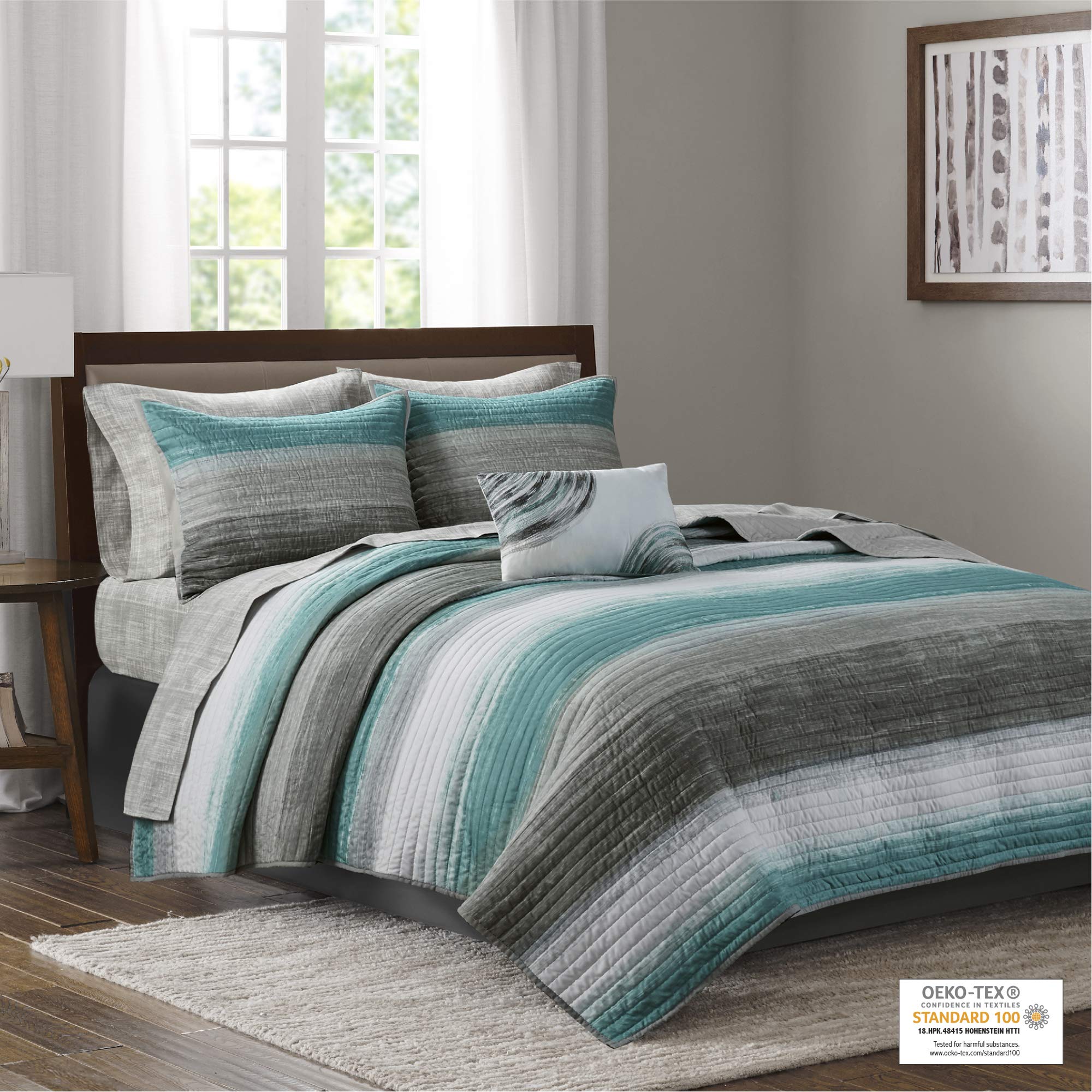 Madison Park Essentials Saben Cozy Bed in A Bag Reversible Quilt with Complete Cotton Sheet Set-Geometric Design All Season Cover, Decorative Pillow, King(104"x92"), Stripes Aqua 8 Piece