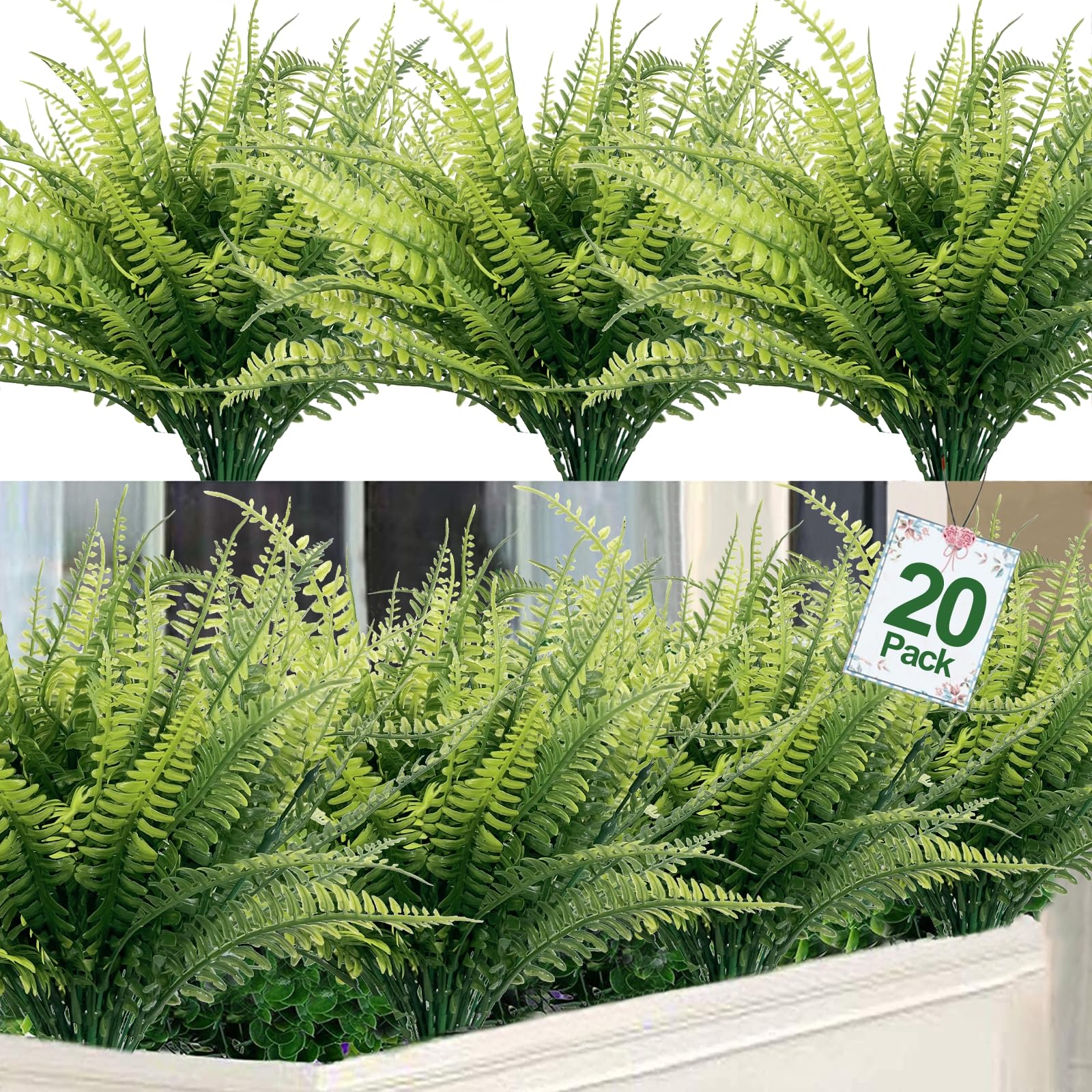 TURNMEON 20 Bundles Artificial Plants Summer Decor Fake Plants Greenery Faux Plant Boston Fern Outdoor UV Resistant Artificial Flowers Plants Outside Indoor for Home Spring Decor