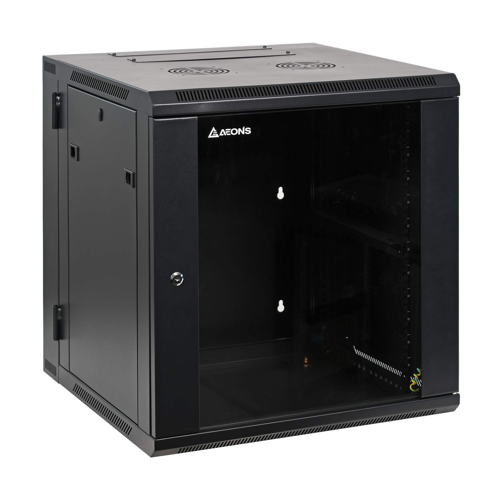 AEONS Depot 12U Professional Wall Mount Server Cabinet Enclosure Double Section Hinged Swing Out 19-Inch Server Network Rack with Locking Glass Door Black (Fully Assembled)