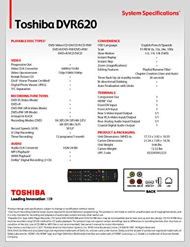 Toshiba DVD/VHS Recorder (DVR620) (Renewed)