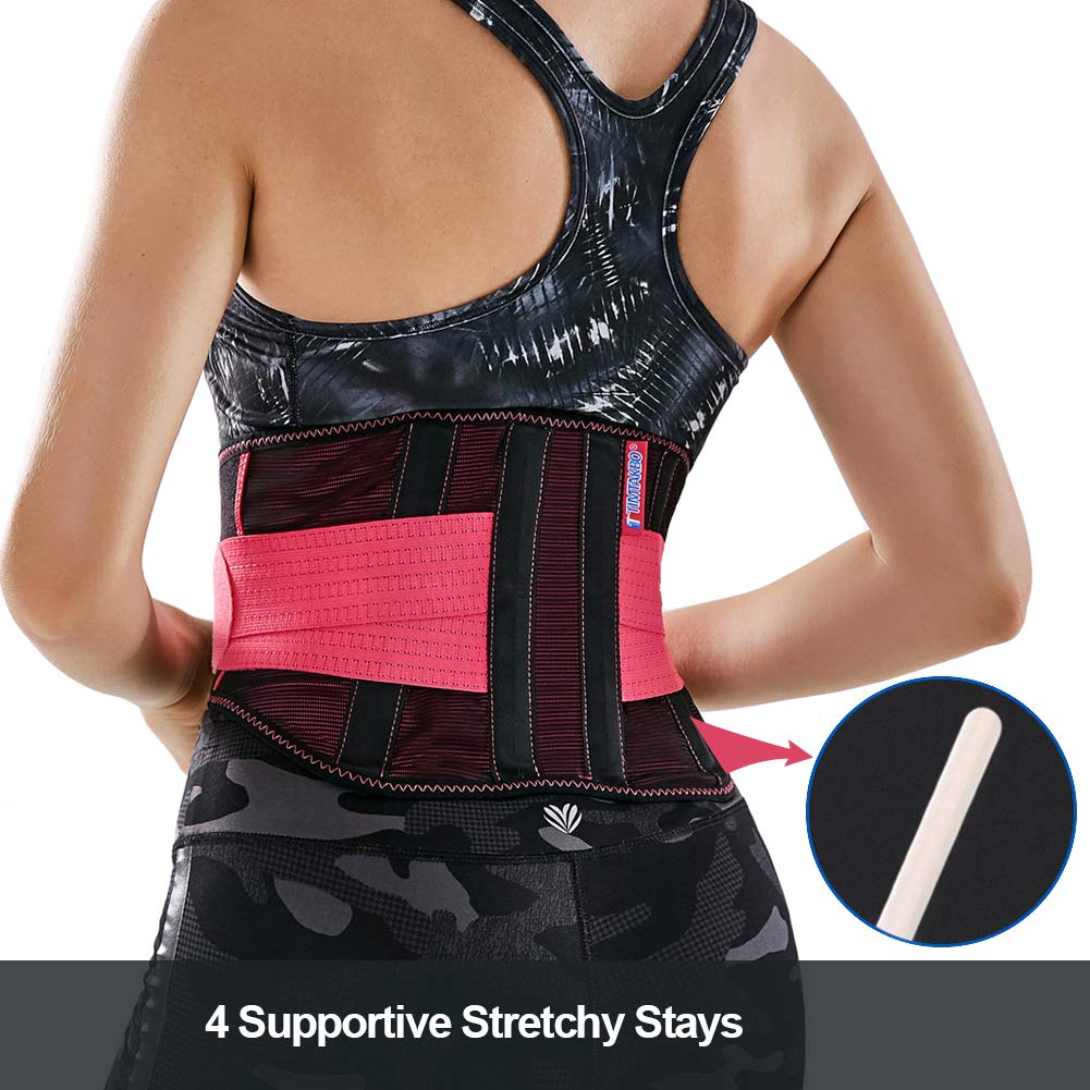 T TIMTAKBO Waist Back Support Belt for Women Men, Lumbar Support of Back Brace for Lower Back Pain Relief, Adjustable Waist Support Belt for Sciatica,Scoliosis(Black/Red, L/XL Fit Belly 31.5"-39.5")