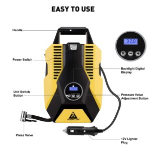 Digital Tire Inflator 12V DC Portable Auto Air Compressor Pump for Car Tires, 150 PSI Auto Shut Off with Emergency LED Flasher, Long Cable for Car, Bicycle, Motocycle, Air Boat and Other Inflatables