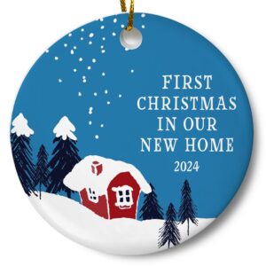 first christmas in our new home christmas ornament, winter woodland ornament, housewarming gift, homeowner present, 3 inch flat ceramic ornament with gift box