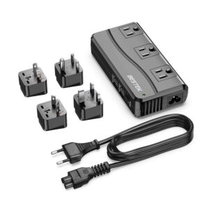 bestek universal travel adapter 100-220v to 110v voltage converter 250w with 6a 4-port usb charging 3 ac sockets and eu/uk/au/us/india worldwide plug adapter (black)