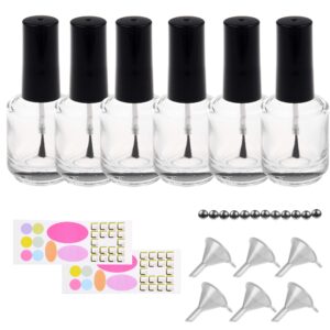 eco-fused transparent clear empty nail polish bottles - with dupont brushes - set of 6 - also includes 6x plastic funnels, 12x mixing balls and 20x sticker labels - making your own nail polish