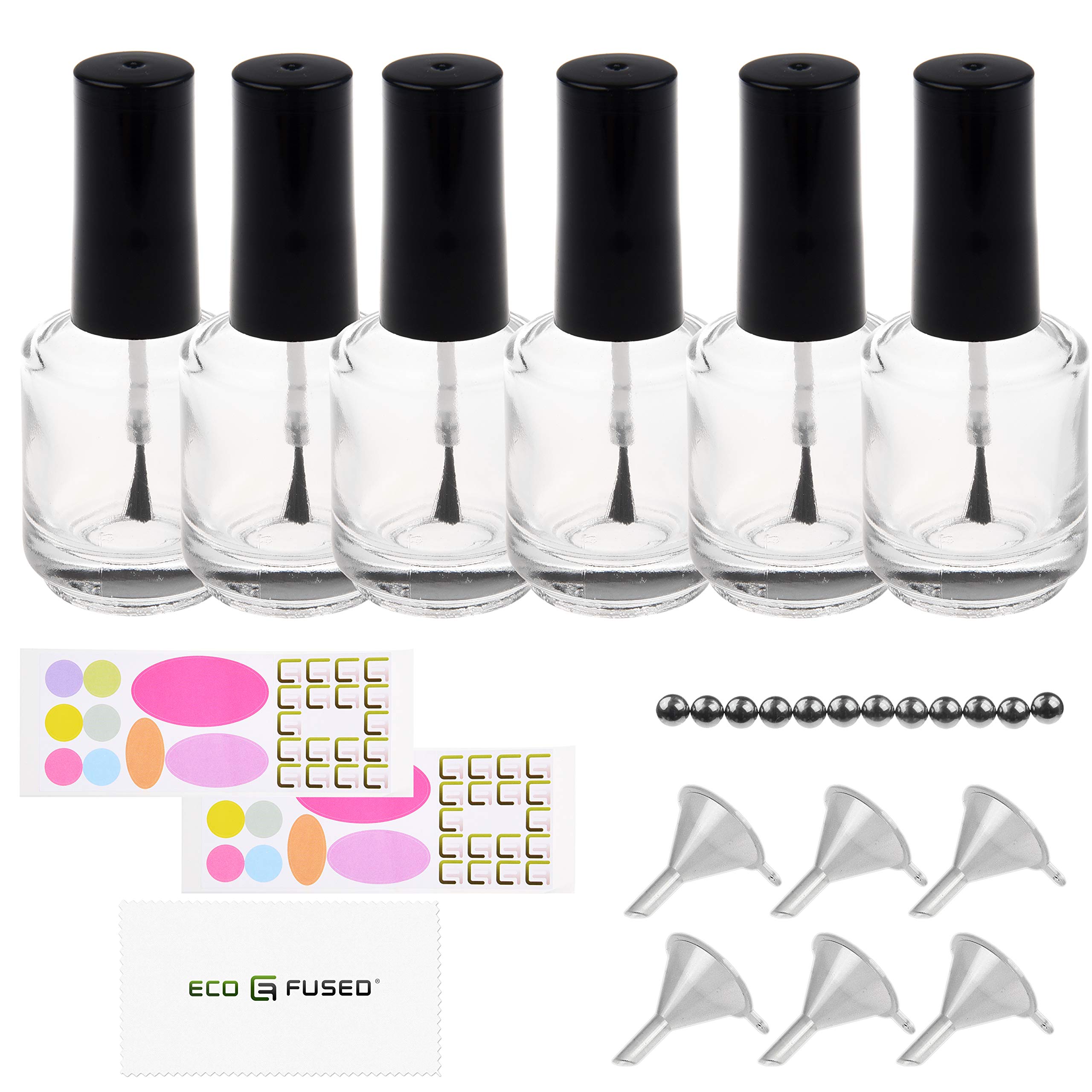 Eco-Fused Transparent Clear Empty Nail Polish Bottles - with Dupont Brushes - Set of 6 - Also Includes 6x Plastic Funnels, 12x Mixing Balls and 20x Sticker Labels - Making your Own Nail Polish