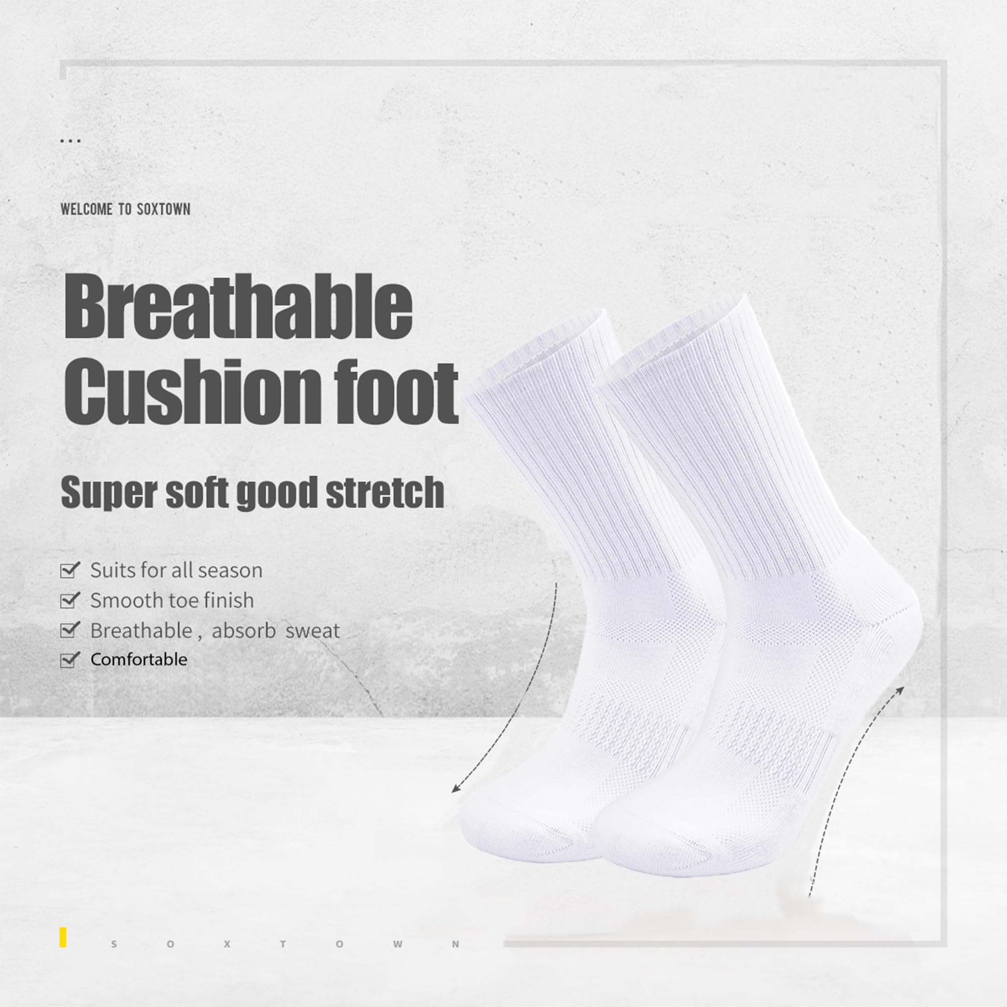 SOX TOWN Unisex Cushioned Crew Training Athletic Socks Men & Women with Combed Cotton Moisture Wicking Breathable Performance(White L)