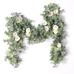 party joy 6.56ft eucalyptus garland with flowers-8 white roses, artificial fake flowers greenery garland floral vines for decoration party wedding table indoor outdoor backdrop wall decor(white)