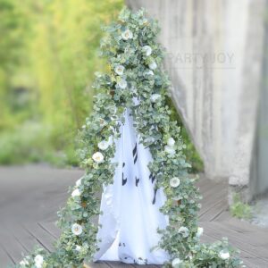 PARTY JOY 6.56ft Eucalyptus Garland with Flowers-8 White Roses, Artificial Fake Flowers Greenery Garland Floral Vines for Decoration Party Wedding Table Indoor Outdoor Backdrop Wall Decor(White)