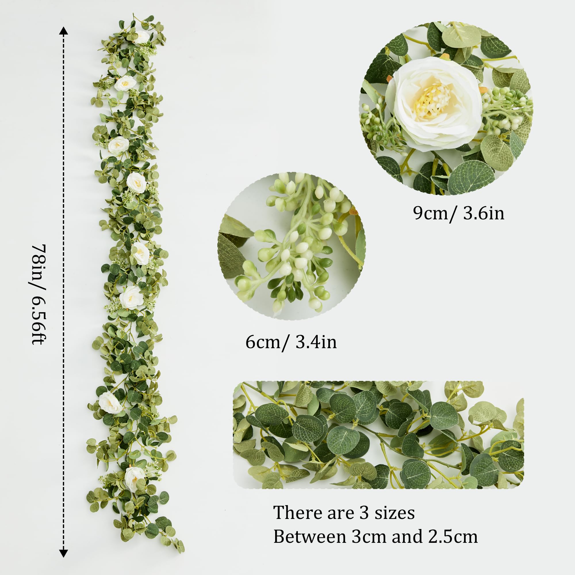 PARTY JOY 6.56ft Eucalyptus Garland with Flowers-8 White Roses, Artificial Fake Flowers Greenery Garland Floral Vines for Decoration Party Wedding Table Indoor Outdoor Backdrop Wall Decor(White)