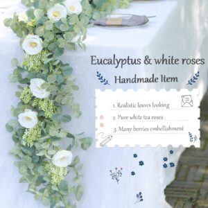 PARTY JOY 6.56ft Eucalyptus Garland with Flowers-8 White Roses, Artificial Fake Flowers Greenery Garland Floral Vines for Decoration Party Wedding Table Indoor Outdoor Backdrop Wall Decor(White)