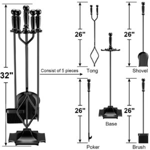 5 PCS Fireplace Tools Set Wrought Iron Fire Place Accessories Tools Holder with Handles Tools for Indoor Fireplace Decor Outdoor Fire Pit Modern Tool Poker Tongs Shovel Brush Wood Stove Hearth Black