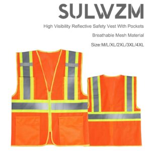 SULWZM High Visibility Reflective Safety Vest with Zipper and Pockets Orange,L