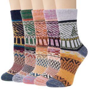 loritta 5 pairs womens wool socks thick warm soft winter knit cozy crew socks christmas gifts,e-stripe