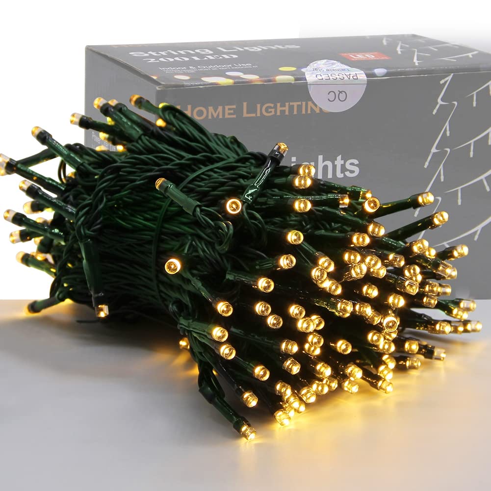 Home Lighting 66ft Christmas Decorative Mini Lights, 200 LED Green Wire Fairy Starry String Lights Plug in, 8 Lighting Modes, for Indoor Outdoor Xmas Tree Wedding Party Decoration (Warm White)