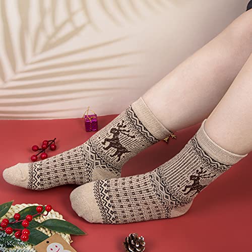 Loritta 5 Pairs Womens Wool Socks Thick Knit Vintage Winter Warm Cozy Crew Socks Gifts,ZU-christmas Elk