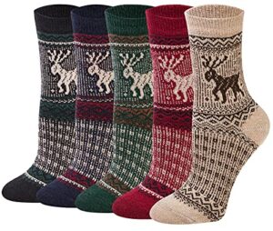 loritta 5 pairs womens wool socks thick knit vintage winter warm cozy crew socks gifts,zu-christmas elk