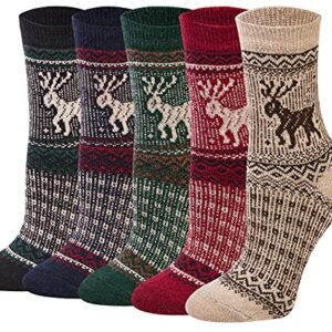 Loritta 5 Pairs Womens Wool Socks Thick Knit Vintage Winter Warm Cozy Crew Socks Gifts,ZU-christmas Elk