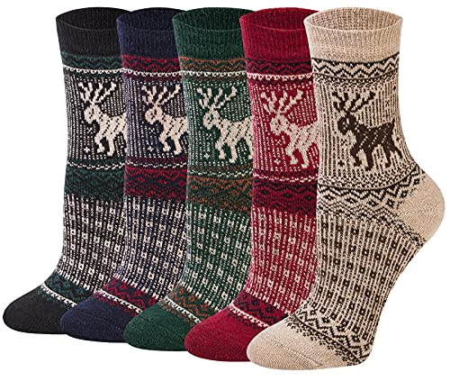 Loritta 5 Pairs Womens Wool Socks Thick Knit Vintage Winter Warm Cozy Crew Socks Gifts,ZU-christmas Elk