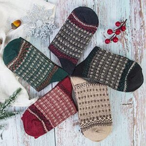 Loritta 5 Pairs Womens Wool Socks Thick Knit Vintage Winter Warm Cozy Crew Socks Gifts,ZU-christmas Elk