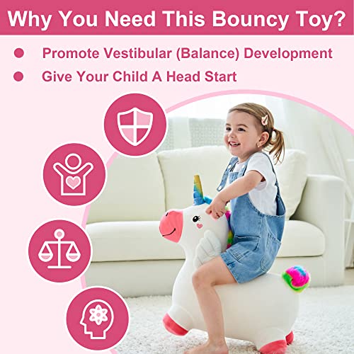 iPlay, iLearn Bouncy Pals Unicorn Horses, Toddler Girl Bouncing Animal Hopper, Inflatable Plush Hopping Toy, Outdoor Indoor Ride on Bouncer, Baby First Birthday Gift 18 Month 2 3 4 Year Old Kid