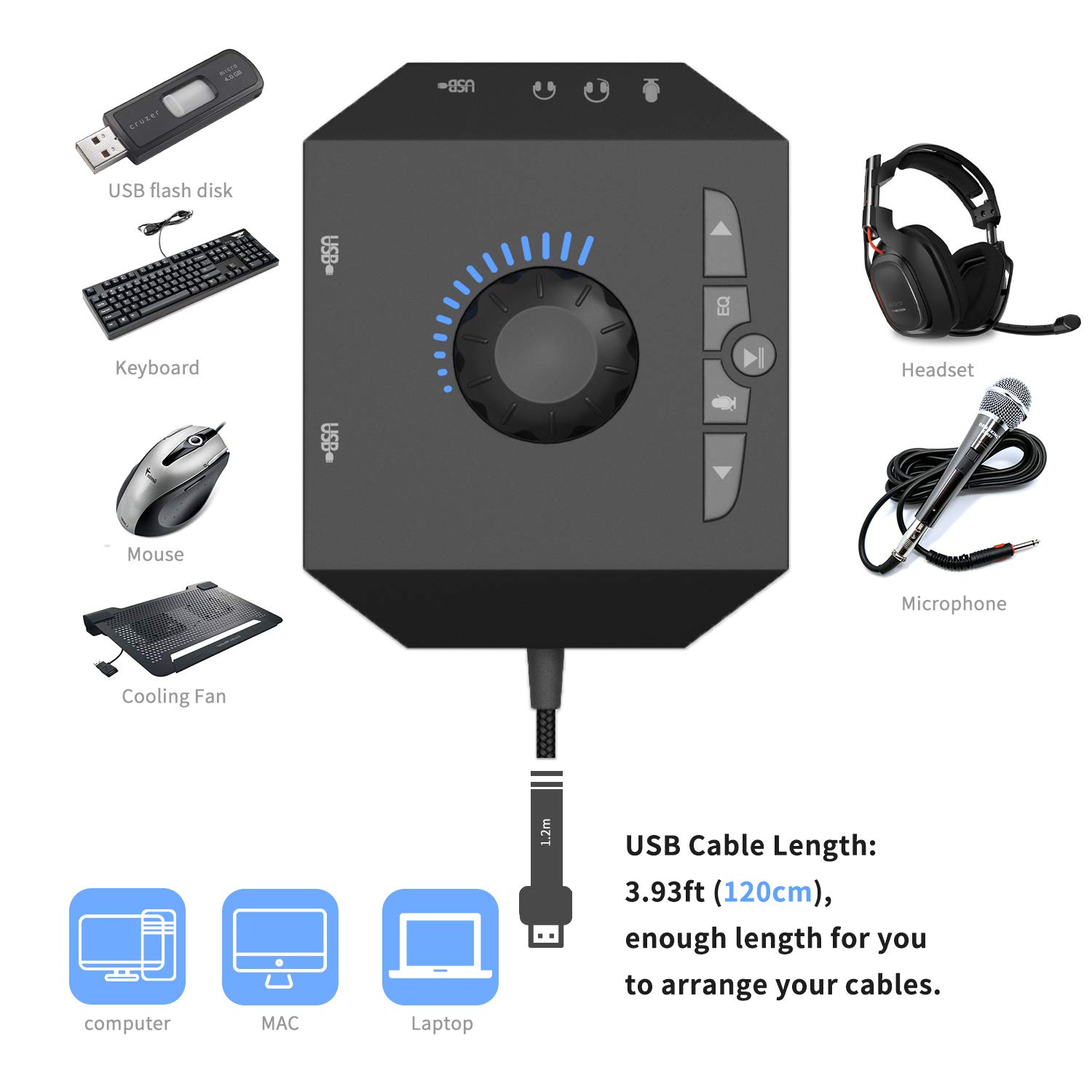 USB Hub with Audio Adapter, Tendak External Sound Card with 3.5mm Headphone Microphone Jack and Volume Control 3 Port USB Hub for Laptop PC HDD Disk