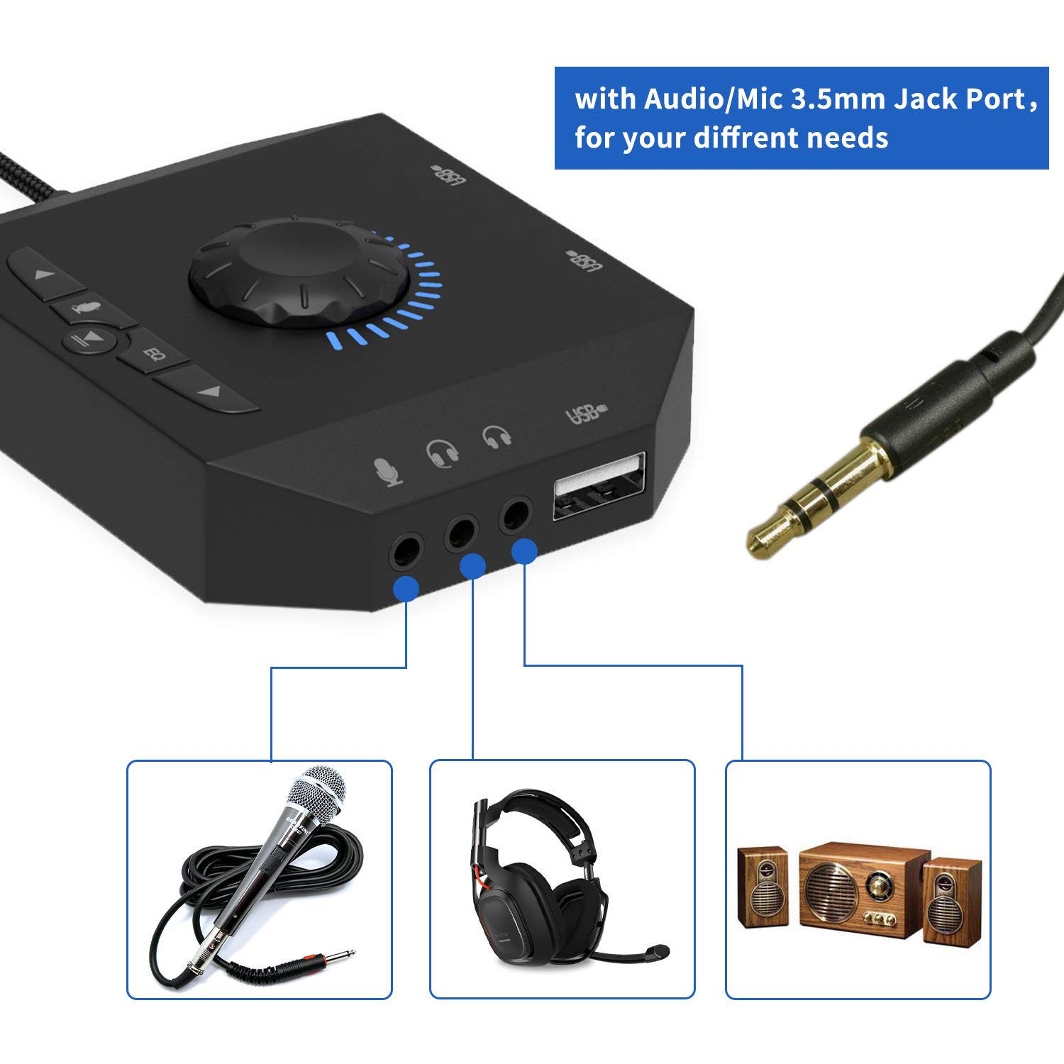 USB Hub with Audio Adapter, Tendak External Sound Card with 3.5mm Headphone Microphone Jack and Volume Control 3 Port USB Hub for Laptop PC HDD Disk