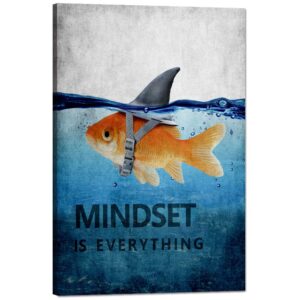 goldfish shark motivational poster mindset is everything inspiring canvas wall art pictures prints framed modern home decoration artwork great gift gym living room bedroom office(12''w x 18''h)