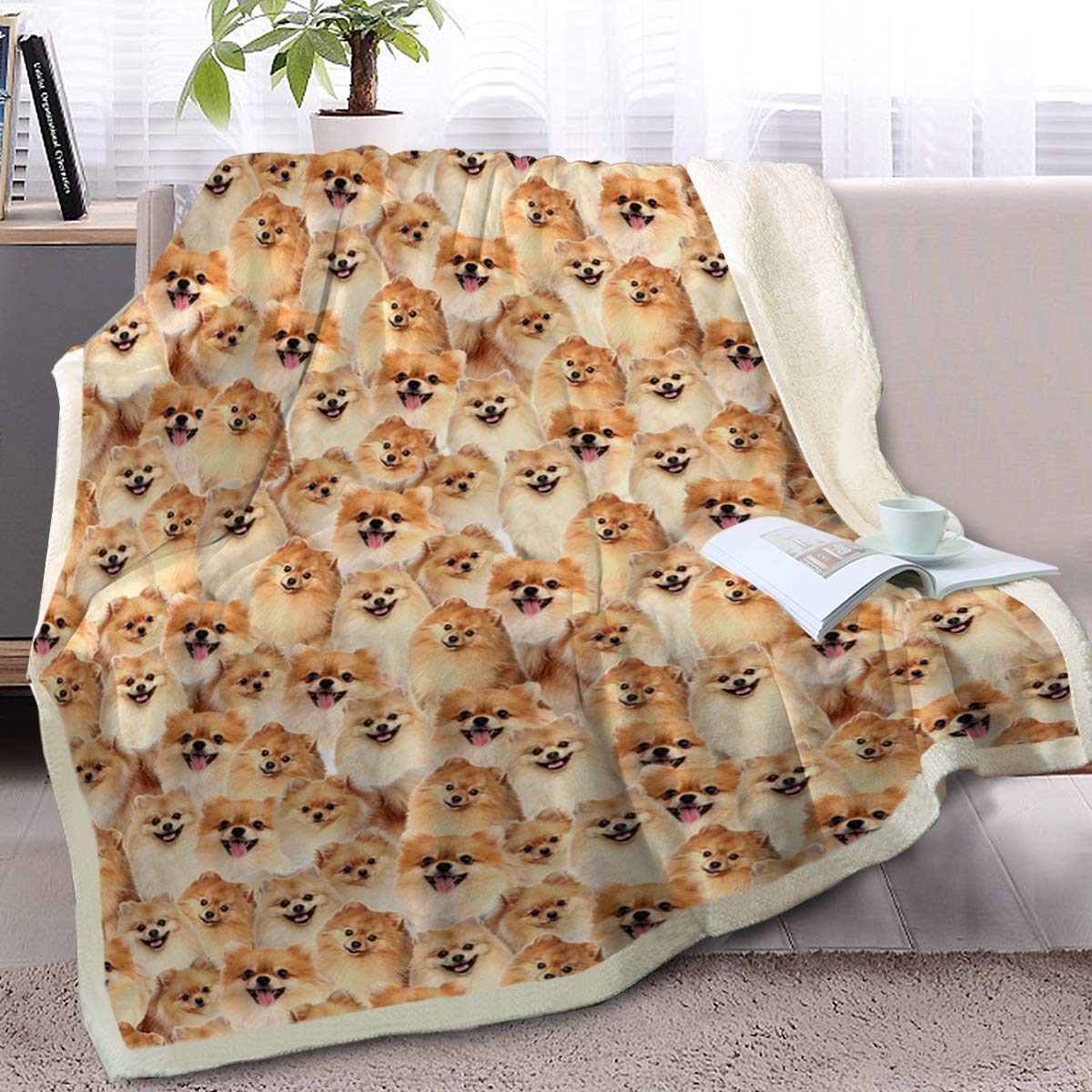 BlessLiving Pomeranian Throw Blanket Fuzzy Dogs Blanket for Kids People Cute Puppy Fleece Blanket Reversible Animal Pet Sherpa Couch Throw Pomeranian Gifts for Pomeranian Lovers (50 x 60 Inches)