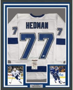 framed autographed/signed victor hedman 33x42 tampa bay white hockey jersey jsa coa